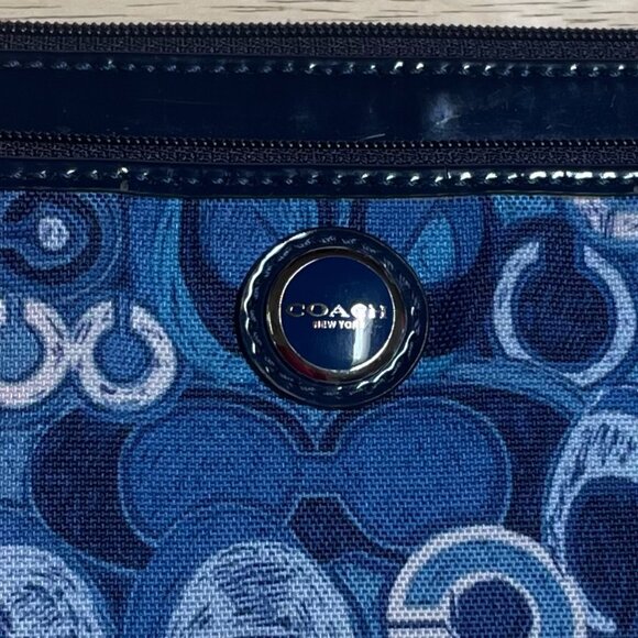 Coach | Bags | Coach Blue Logo Fabric Wallet And Shiny Accents | Poshmark